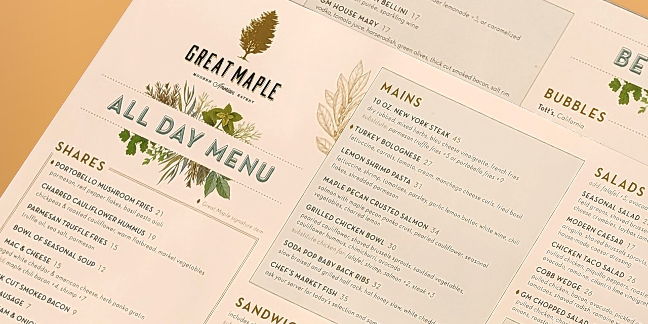 FULL MENU (with prices) for Great Maple Modern American Eatery at Pixar ...